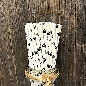 Dog Theme Paw Print Paper Drinking Straws - Black White - 7.75 inches - 50 Pack - Outside The Box Papers Brand