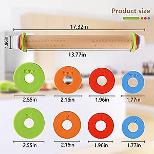 Yasashii Wood Rolling Pin With 4 Adjustable Thickness Rings, Non-stick Dough Roller For Baking, 17 Inch Pizza Roller For Kitchen supplies, Handle Press Design For Fondant, Pizza, Pie Crust, Cookie