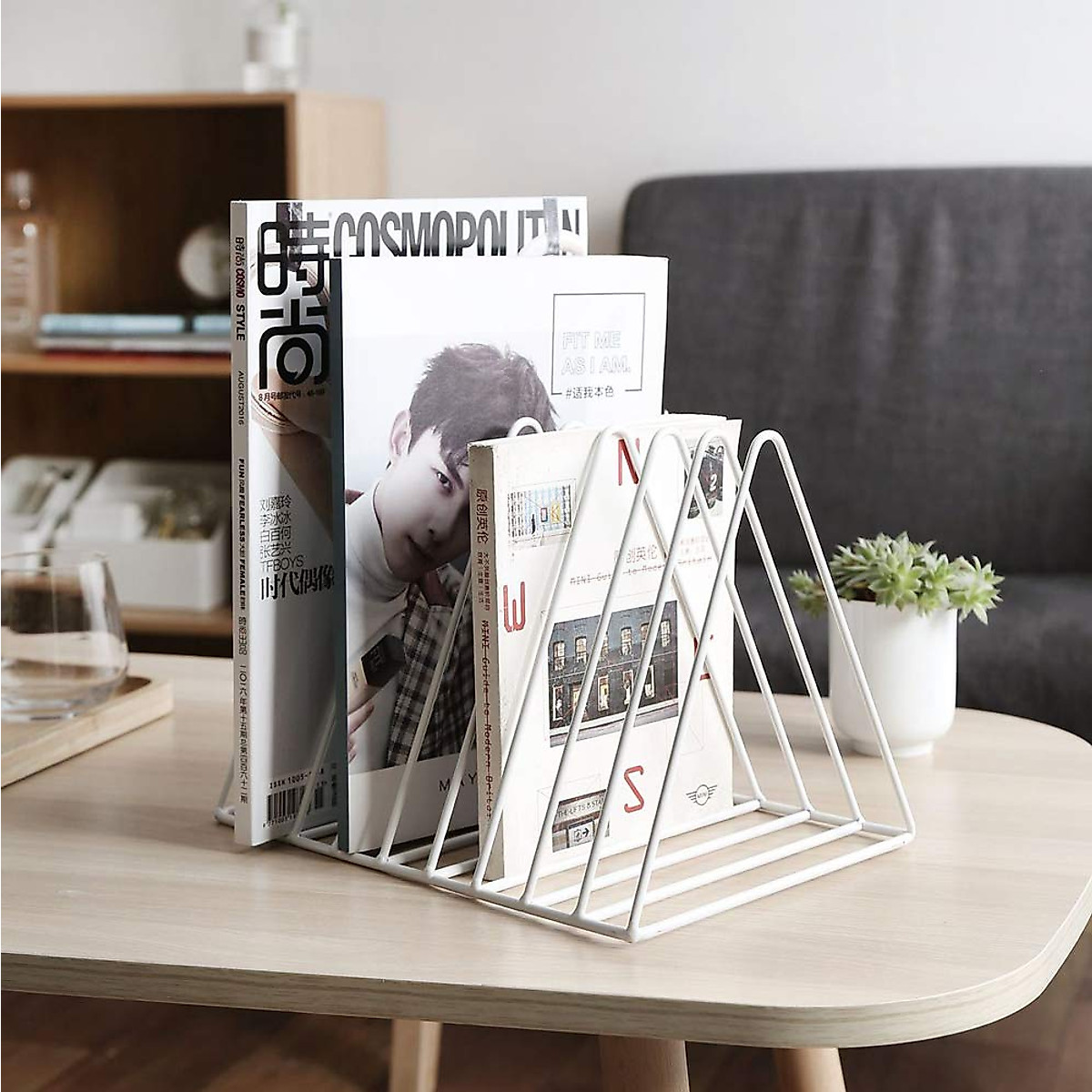 Sooyee 9 Slot White Magazine Holder,Desktop File Sorter Organizer Triangle Bookshelf Decor Home Office