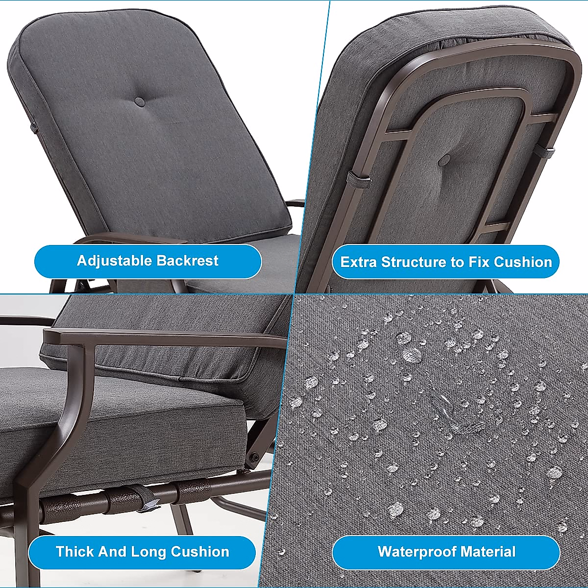 U-MAX Adjustable Outdoor Chaise Lounge Chair Patio Lounge Chair Recliner Furniture with Armrest and Cushion for Deck, Poolside, Backyard （Grey）