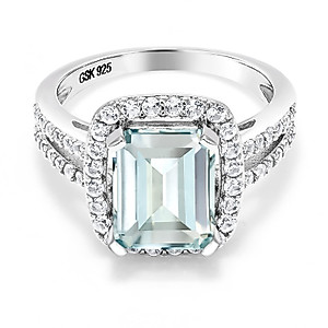 Gem Stone King 925 Sterling Silver Sky Blue Simulated Aquamarine Engagement Ring For Women (3.68 Cttw, Emerald Cut 10X8MM, Available In Size 5,6,7,8,9)
