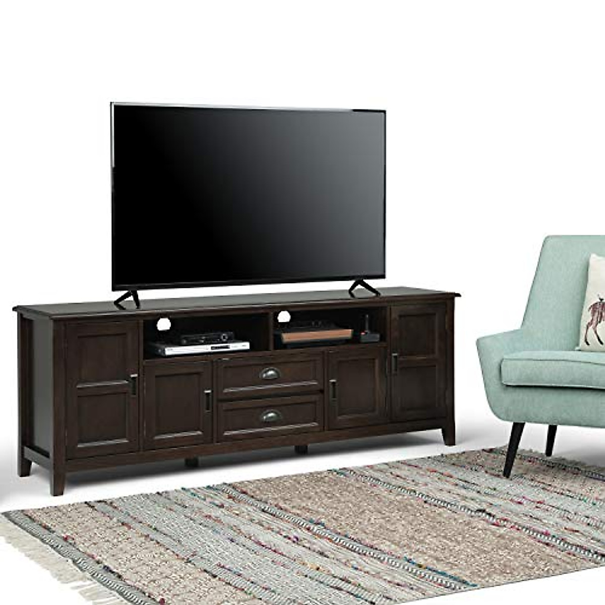 SIMPLIHOME Burlington SOLID WOOD 72 inch Wide Transitional TV Media Stand in Mahogany Brown For TVs up to 80 inches for the Living Room and Entertainment Center