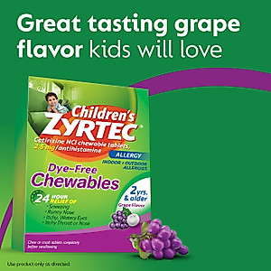 Zyrtec Children's Dye-Free Chewables for 24 Hour Allergy Relief, 2.5 mg Cetirizine HCl Antihistamine Tablets, Kids Allergy Medicine Relieves Sneezing & Itchy Nose & Throat, Grape, 24 ct