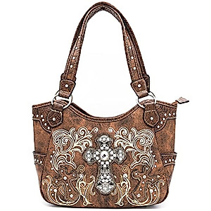 Western Style Rhinestone Cross Tote Concealed Carry Purse Laser Cut Handbag Women Shoulder Bag Wallet Set (#2 Brown)