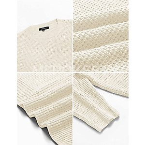 MEROKEETY Women's 2024 Long Sleeve Waffle Knit Sweater Crew Neck Solid Color Pullover Jumper Tops Beige