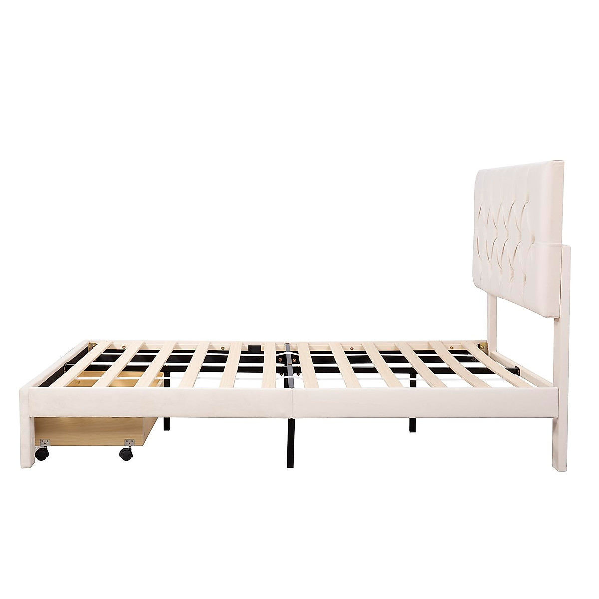 Altillo Full Size Velvet Upholstered Platform Bed Frames with Large Storage Drawer, Mid-Century Modern Platform Bed with Solid Wood Slat Support for Bedroom Boys Girls, Under Bed Storage, Beige