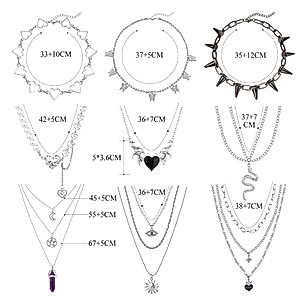 Sanfenly 9Pcs Y2k Goth Necklaces Gothic Jewelry For Women Men Emo Grunge Cool Punk Vintage Necklace Jewelry Chain Layered Pendant Choker Moon Pentagram Spike Butterfly Snake Heart Wing Necklace Set