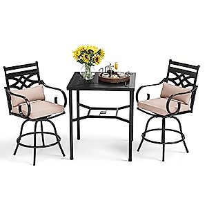 PHI VILLA Outdoor Bar Table and Chairs Set for 2, Metal Tall Outdoor Bar Set with Bar Height Table, Strong and Heavy Duty Patio Bar Set with Cushion and Pillow, 32"x32"x38" Bar Height Table