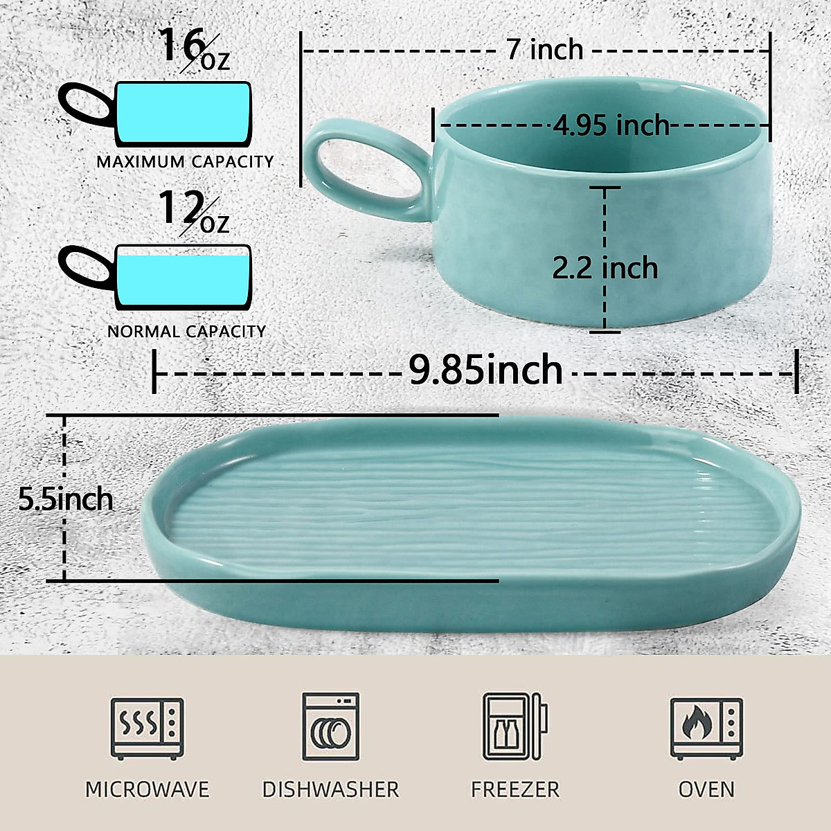 Artena Pasta Bowls Set Of 4, 20oz Porcelain Salad Bowls, 8 Inch Bowls For Kitchen, Colorful Dinner Plates & Solid Soup and Sandwich Plate Combo, 16 oz Soup Bowls/Mugs/Cups with Handles