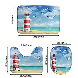WONDERTIFY Lighthouse Bathroom Antiskid Pad Beach Bright Cloud Blue Sky 3 Pieces Bathroom Rugs Set, Bath Mat+Contour+Toilet Lid Cover Colorful