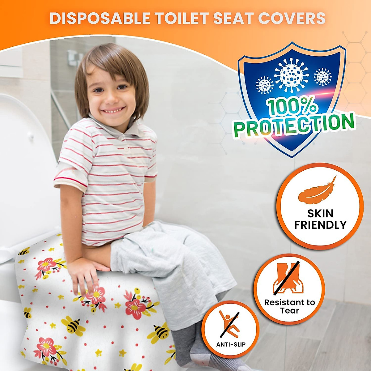 20 Extra Large Toilet Seat Covers Disposable for Kids & Adults-Toilet Covers Disposable for travel-Toddler Toilet Seat Cover Liners for Potty Training-Individually Wrapped-Waterproof (Bees)