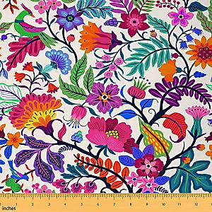 Floral Upholstery Fabric by The Yard, Bright Colorful Flowers Reupholstery Fabric for Chairs, Vintage Exotic Tropical Leaves Decorative Fabric for Outdoor and Home DIY Projects, 1 Yard, Purple Red