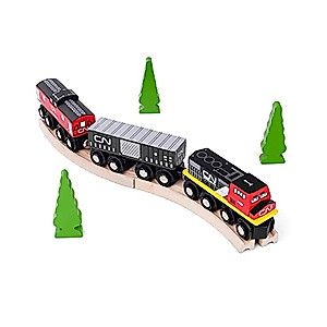 Bigjigs Rail Wooden CN Train - 1 Engine, 2 Carriages & 2 Track Pieces, Kids Train Toy Accessories, Toddler Railway Sets, Trains with Magnetic Couplings, for 3+ Year Old