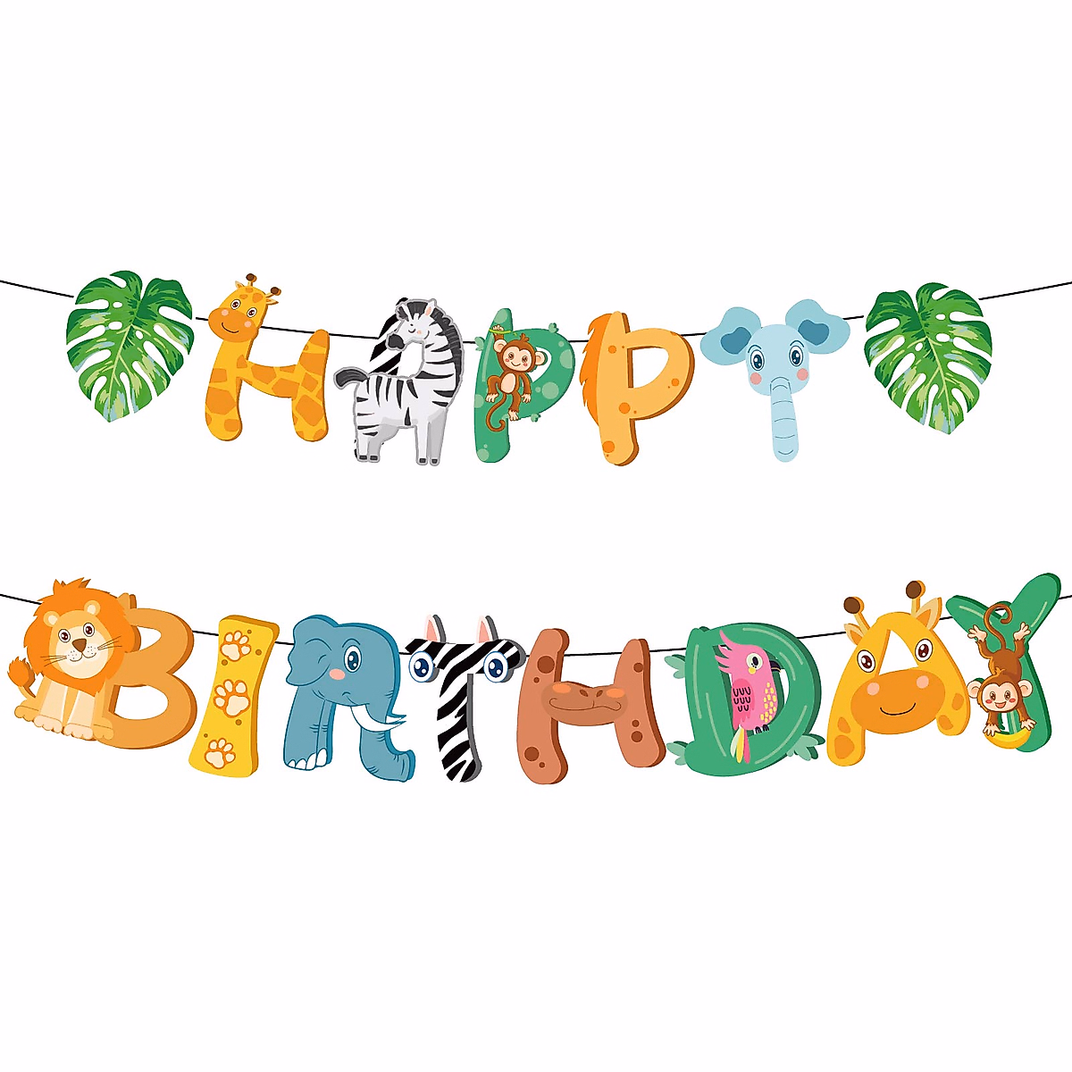 LJCL Safari Animals Happy Birthday Banner, Jungle Party Sign Jungle Animals Theme Bunting Party Decorations Supplies for Safari/Jungle Themed Birthday Party, Two Wild Party Birthday Party Supplies