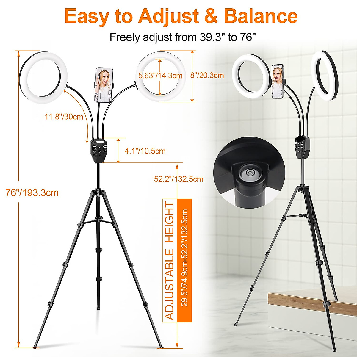 SEBIDER Dual 36W 6500K LED Ring Light with 73" Extendable Tripod Stand & Phone Holder, Portable Light Rings Used for YouTube Video/Selfie/Live Stream/Makeup/TikTok