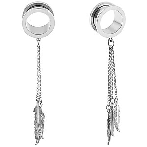 DOEARKO 2PCS Fashion Feathers Design Gauges for Ears Tunnels Dangle Chain Expander Stretchers Earrings 2g to 1 inch (10mm(00G), Silver)