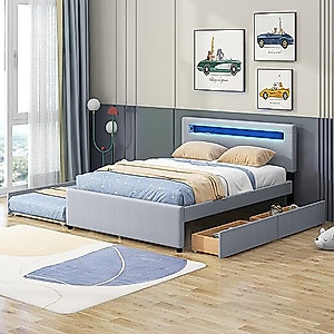 SIYSNKSI Queen Size Upholstered Platform Bed with Twin Size Trundle and 2 Drawers, Storage Platform Bed with LED and USB Charging for Kids Teens Adults Bedroom (Gray-003)
