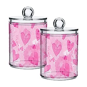 MNSRUU 2 Pack Qtip Holder Organizer Dispenser Pink Hearts Bathroom Storage Canister Cotton Ball Holder Bathroom Containers for Cotton Swabs/Pads/Floss