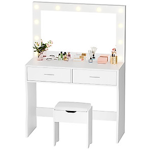 YESHOMY Vanity Desk with Mirror, Makeup Table with 11 Adjustable Lights and 2 Spacious Drawers, Soft-Padded Storage Stool, 3 Lighting Modes with Control, for Bedroom, White
