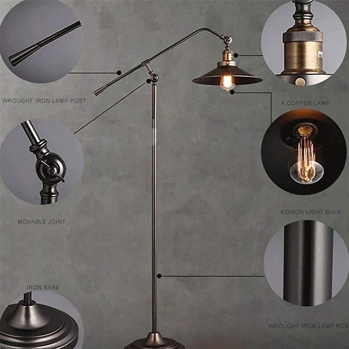 Reading Lights Floor Standing Floor Lamp Retro Industrial Style Wrought Iron Long Arm Long Pole Fishing Rocker Arm Used in Loft Living Room Bedside Bedroom Rustic Lamp (Color : Brown)