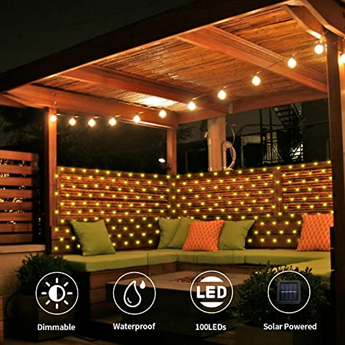 Solar Led Net Lights,100 LEDs Net Mesh Tree-Wrap Lights 4.9ft x 4.9ft,Dark Green Cable,8 Modes Outdoor String Decorative Lights for Window Wall Background Camping Beach Garden Patio (Warm White)
