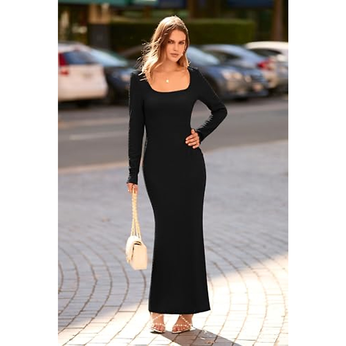 PRETTYGARDEN Women's 2024 Fall Maxi Bodycon Dress Long Sleeve Square Neck Long Fitted Mermaid Dresses (Black,X-Large)