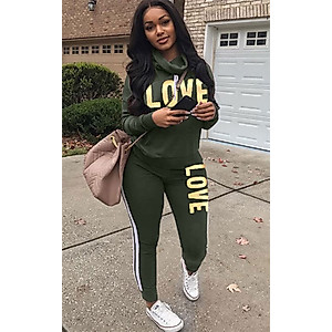 Angsuttc Women's Letter Print 2 Piece Outfit Cowl Neck Long Sleeve Sweatshirt and Pants Joggers set Tracksuit Army Green XX-Large