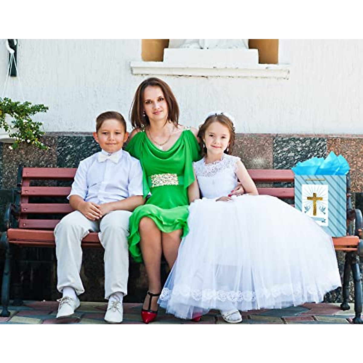 FLYAB First Holy Communion Gift Bag for Girls Boys 11.5" Easter Religious Cross Christian Gift Bag with Tissue Paper Baptism Gift Bag with Handle Christenings Confirmations Gifts for Baby Boys Girls