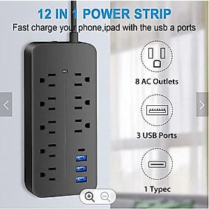 Surge Protector Power Strip with Extension Cord with 8 Outlets and 3 USB Ports, 2 Feet Power Cord (1625W/13A) , 2700 Joules, ETL Listed, Black