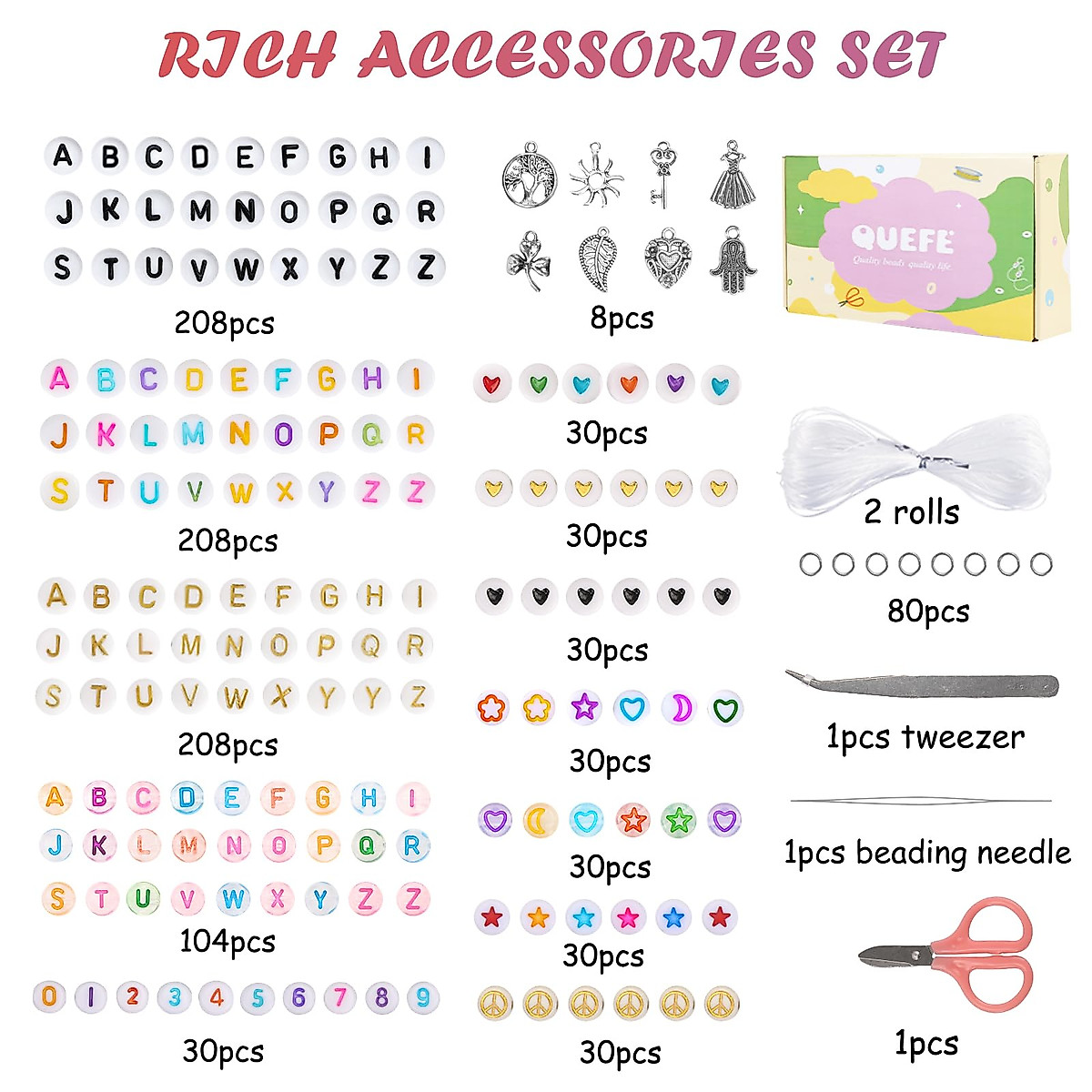 QUEFE Craft Beads Kit 21440pcs 3mm Glass Seed Beads and 960pcs Letter Beads for Friendship Bracelets Jewelry Making Necklaces and Key Chains with 2 Rolls of Crystal String, DIY Art Craft Gifts