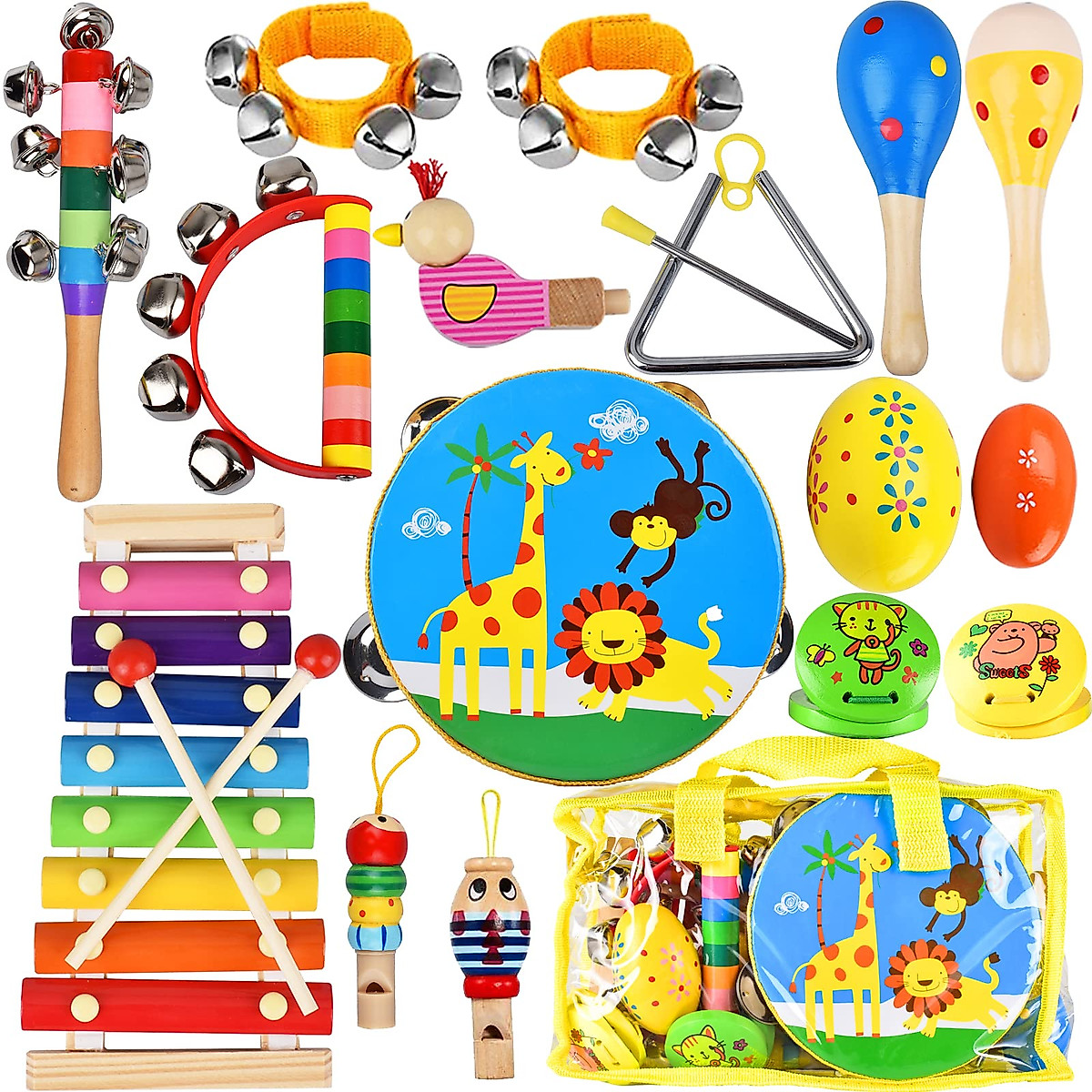 INLAIER Kids Musical Instruments Set, 20 Pcs Wooden Shakers Percussion Instruments Tambourine Xylophone Toys, Child Early Learning Musical Toys for Boys and Girls Gifts Present with Carrying Bag