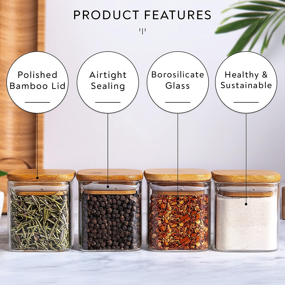 Laramaid 5oz 12Packs Glass Jars Set with Minimalist Spice Labels, Square Spice Jars with Bamboo Lids and White Vinyl Customized Sticker Labels, Food Storage Container Canisters
