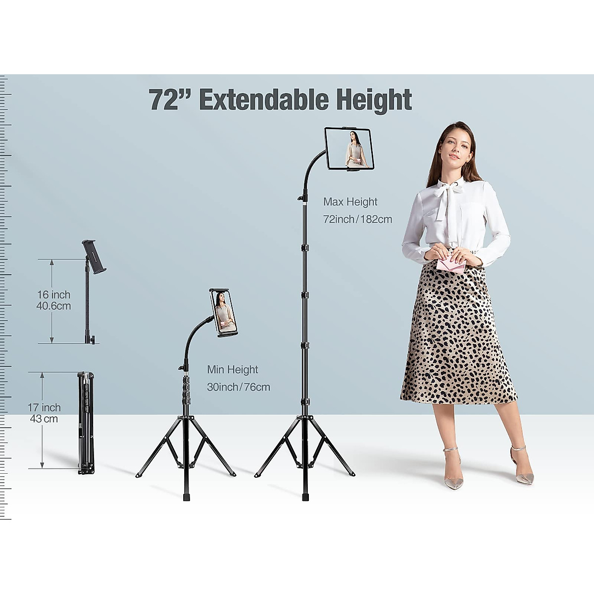 elitehood Tablet Floor Tripod Stand, Stronger Gooseneck iPad Tripod Stand, 72" Adjustable iPad Stand Holder for Stream/Watching, for iPad Pro 12.9, Mini, Air, iPhone and 4.7-13" Tablet and Cellphone