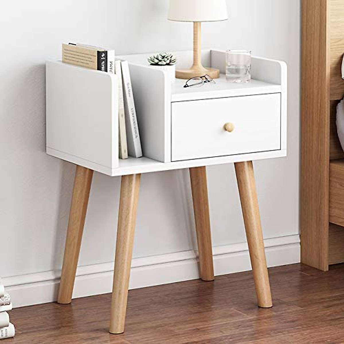 IOTXY Bedroom Wooden Night Stand - Bedside Cabinet with Storage Drawer and Bookcase, Compact Nightstands in White