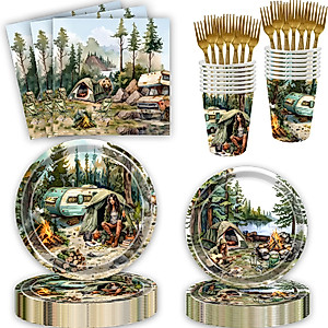 100 Pcs Camping Bachelorette Decorations Outdoor Adventure Disposable Paper Dinner Plates Napkins Cups Forks Dinnerware for Camping Girls Bridal Shower Wedding Engagement Party Decorations Supplies