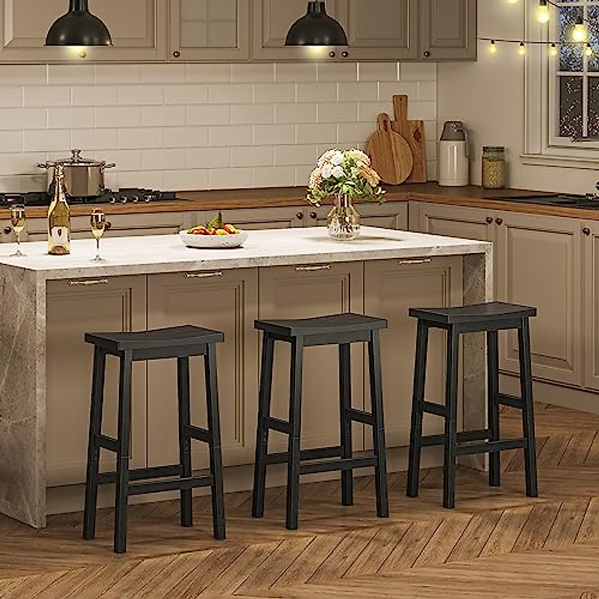 HOOBRO Bar Stool Set of 2, Bamboo Bar Chairs, 26 Inches Kitchen Counter Stools with Footrest, Saddle Stools, for Living Room, Dining Room, Party Room, Industrial Style, Black BB03MD01