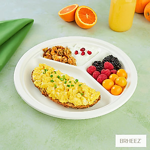 brheez Heavy Duty Round 3 Compartment Disposable Plates [10" inch] Eco-Friendly 100% Natural Bagasse Fiber Biodegradable Compostable Sustainable Paper Alternative Plates [60 Plates] White