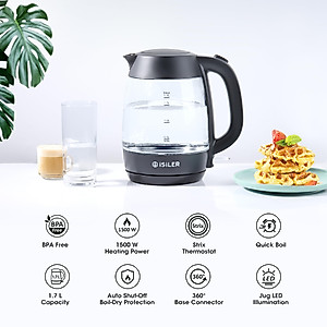 iSiLER 1500W Electric Kettle, 1.7 L Electric Tea Kettle with LED Indicator, Cordless Electric Glass Hot Water Boiler, Portable Teapot Heater Auto Shut-Off & Boil-Dry Protection BPA-Free Black