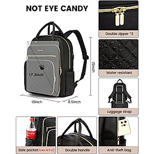 LOVEVOOK Laptop Backpack for Women, 17.3 Inch, Water Resistant, Lightweight, USB Charging, Quilted Commuter Backpack, Black