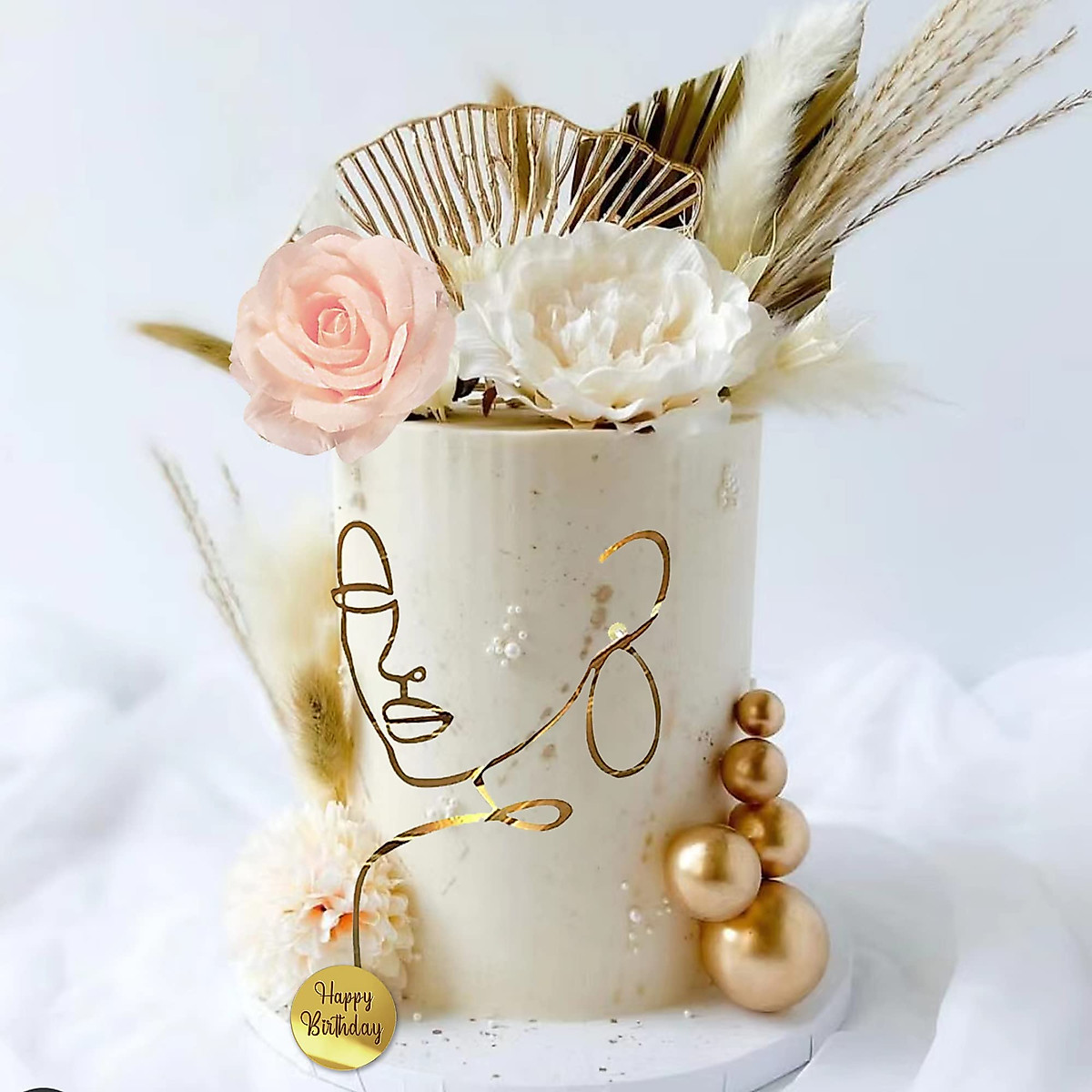 Boho Flower Cake Toppers Lady Face Birthday Cake Decorations with Palm Leaves Ginkgo Leaves for Birthday Party Wedding Boho Themed Party Supplies (FLowers)