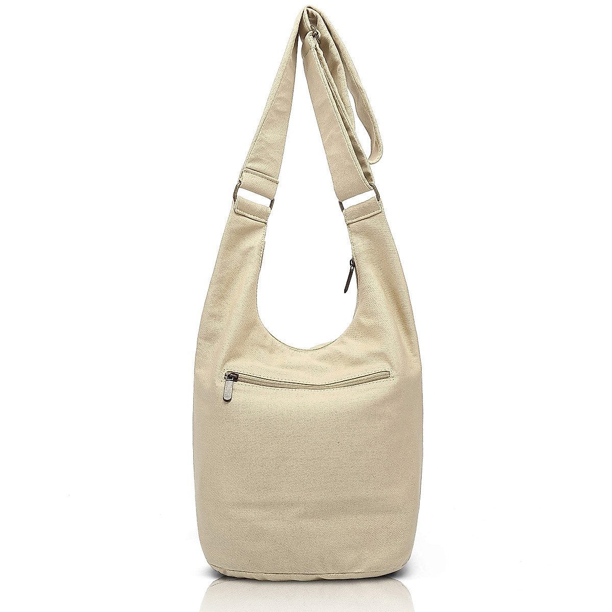 Hippie Crossbody Bag Large size Top Zip Cotton Sling Bag Jacquard cloth Handmade Bags (Tan Beige)