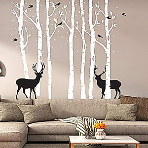 HOSNNER Deers Tree Wall Stickers - Forest Mural Wallpaper for Bedroom Kids Baby Nursery Vinyl Removable DIY Decals 82.7x70.9 inch Grey+Black