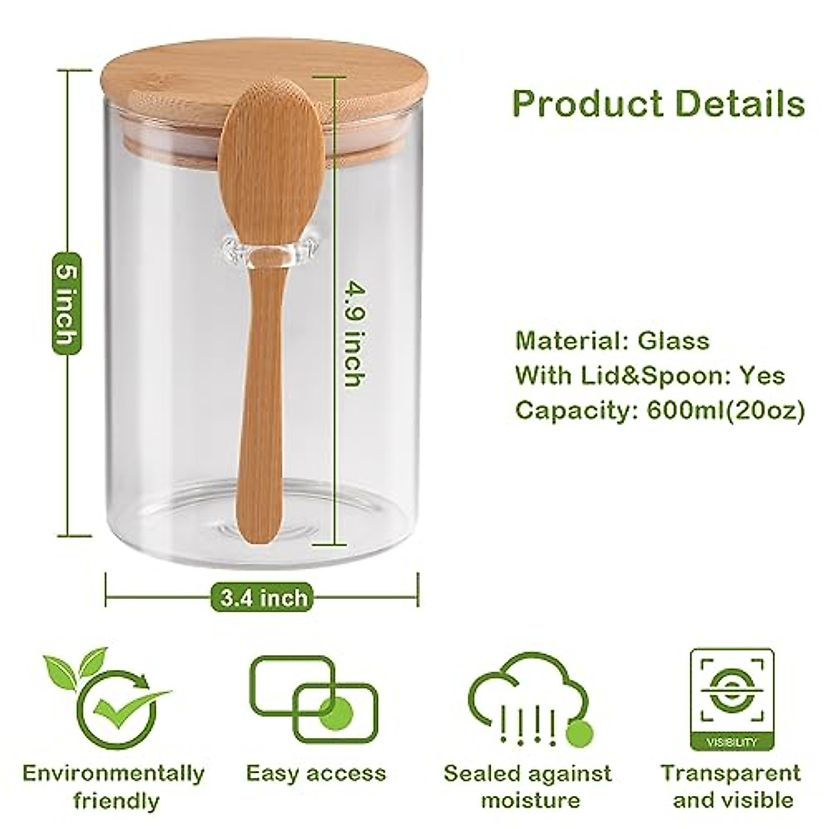 Set of 4 Airtight Glass Jars with Bamboo Lids and Spoons - 20oz Decorative and Durable Borosilicate Glass Canisters Perfect for Storing Coffee Beans,Tea,Flour,Sugar,Nuts,Candy,Bath Salts and More