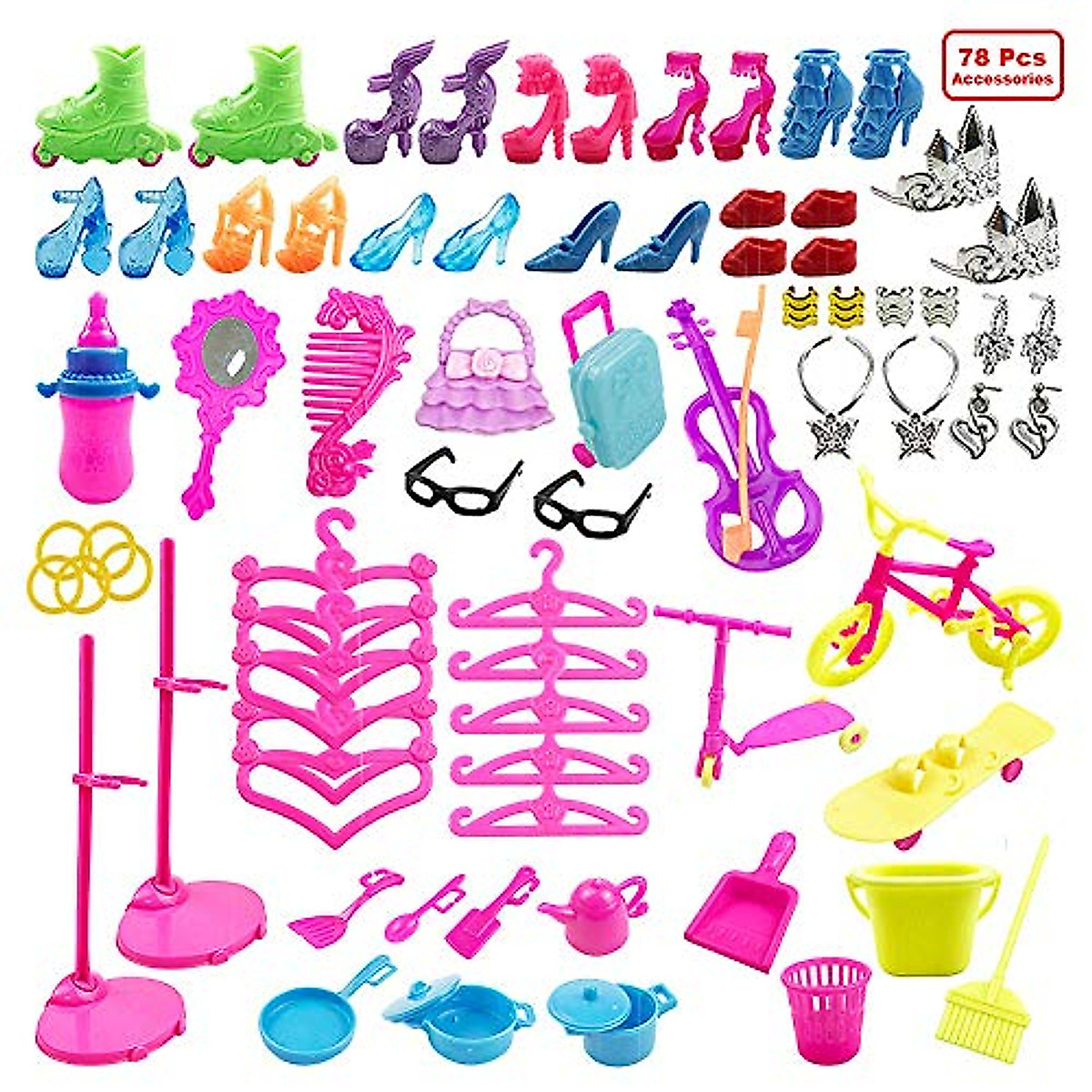 EuTengHao 89Pcs Doll Clothes and Accessories for 11.5 Inch Girl Dolls Set Include 10 Different Party Grown Outfits for Girl Doll, 77 Doll Accessories,1 Handmade Wedding Doll Dress and 1 Mermaid Dress