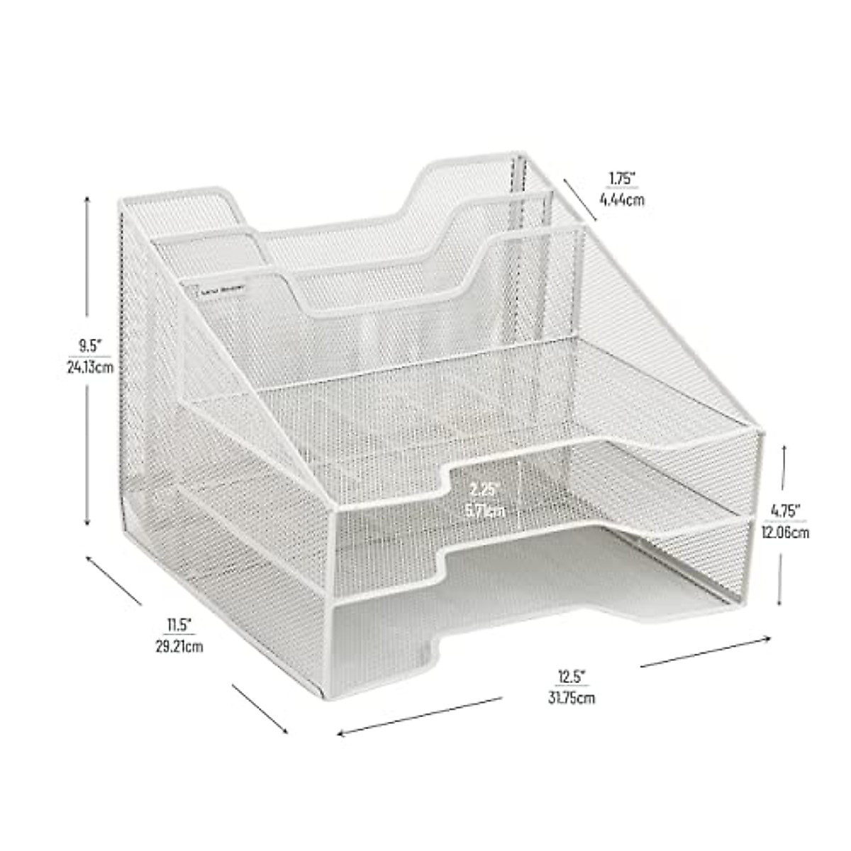 Mind Reader Network Collection, 3-Tier, 5-Compartment Desktop Organizer with 2 Vertical File Holders and 3 Horizontal Paper Trays, Desktop Organizer, Metal Mesh, White