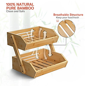 G.a HOMEFAVOR Large Bamboo Fruit Basket, 2-Tier Fruit Bowl for Kitchen Counter, Vegetable Storage Stand for Fruit Shop, 15 mm Thickness (Self-assembly)