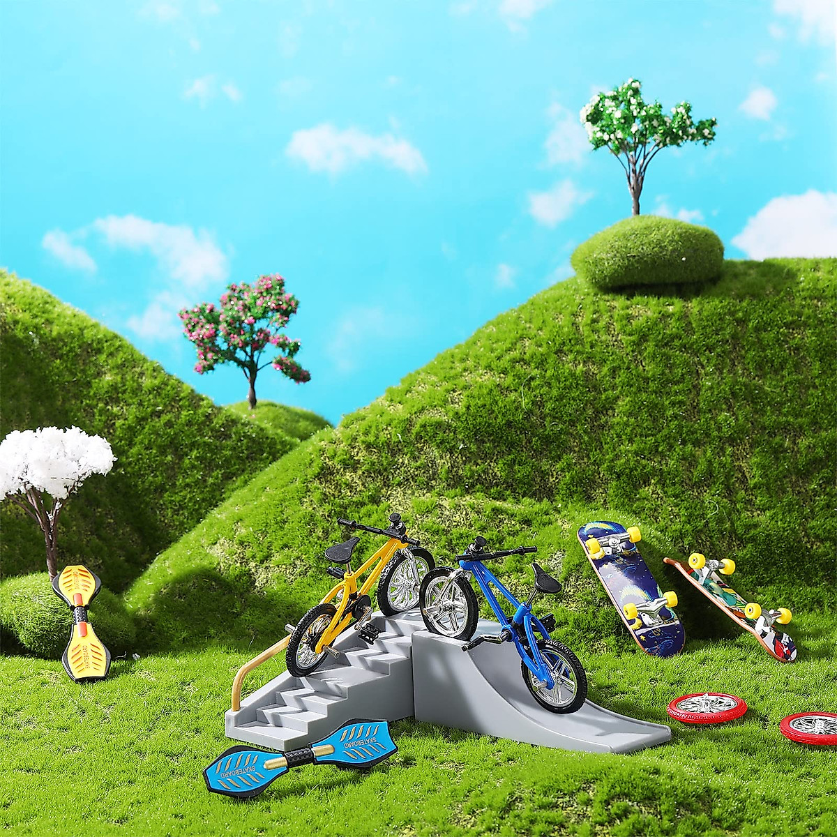 17 Pieces Finger Skateboard Ramp Set Skate Park Kit Ramp Parts Set Mini Finger Toys Set Finger Bike Skate Park Kit with Replacement Wheels and Tools for Kids Party Favor (Retro Color)