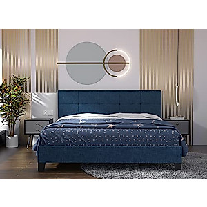 JURMALYN Queen Bed Frame with Headboard/Upholstered Queen Size Metal Platform and Wooden Slat Support, No Box Spring Needed, Easy Assembly Blue