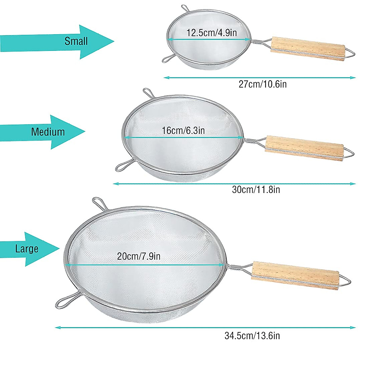 Weymier Fine Mesh Strainers For Kitchen, Stainless Steel Mesh Strainers With Wood Handles,Set of 3 Sizes: 4.9"，6.3"and 7.9"