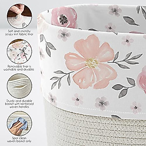 Sweet Jojo Designs Blush Pink Grey Boho Floral Girl Woven Storage Basket Set 3pc Cotton Rope Diaper Caddy Bins Baby Nursery Kids Closet Drawer Organizer Liner Bohemian Farmhouse Shabby Chic Watercolor